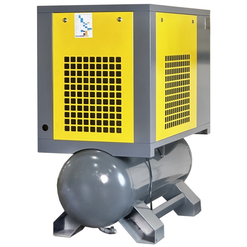 7,5kW screw compressor with 250l air tank and integrated air dryer.